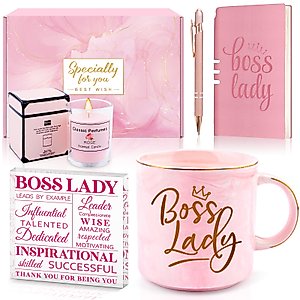Boss Lady Gifts For Women, Thank You Gifts for Her, Boss Appreciation Gifts for Leader, Thanksgiving Christmas Gifts For Mom Birthday Present Boss Coffee Mug Acrylic Sign Notebook Ballpoint Pen Candle
