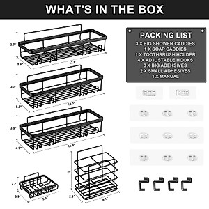 Posyla Shower Caddy, 5 Packs Shower Organizers with 3 Shower Shelves 2 Soap Dishes & 6 Hooks, Stainless Steel Wall Rack basket with Adhesives Mounted for Bathroom Toilet & Kitchen (Black)