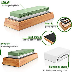 Sharp Pebble Premium Whetstone Knife Sharpening Stone 2 Side Grit 3000/8000 Wetstone Kit -Wet Stone Kitchen Knife Sharpener with Non-Slip Bamboo Base & Flattening Stone