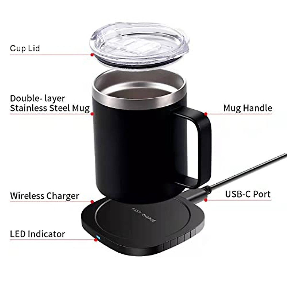 TIGPOW Coffee Cup Warmer with Mug set,Double-layer 18/8 Stainless Steel Heated Mug,Wireless Charging Function,Self Heating Coffee Mug for Office Desks, and Home (Black 12oz)