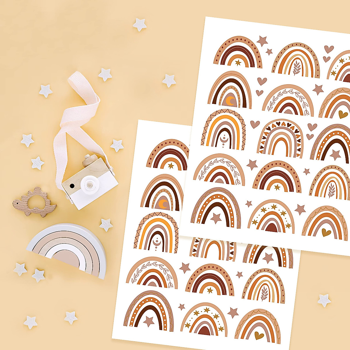 44pcs Boho Small Rainbow Wall Decals for Girls Boys Bedroom Peel Stick - Kids Wall Stickers Playroom Nursery Classroom Daycare Vintage Beige Kids Wall Stickers Playroom Bohemian Removable Wall Decals