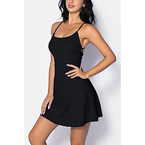 QINSEN Womens Two Pieces Tennis Dress with Shorts Workout Open Back Active Golf Dresses Black XS