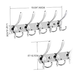 Coat Rack Wall Mounted, 2PCS Coat Hanger Wall 5 Tri Hooks Heavy Duty Stainless Steel Coat Hook Rail for Coats Towels Purse Robes Keys and Hats(Silver)