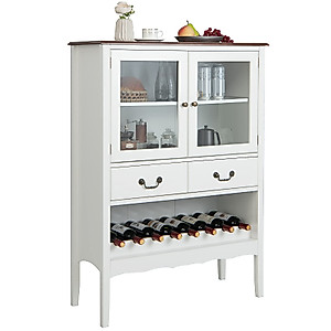 Giantex Wine Cabinet with Storage, Standing Buffet Sideboard with 2 Drawers, 2 Tempered Glass Doors, Open Wine Rack, Anti-toppling Assembly, Coffee Bar Station for Living Room, White & Vermilion