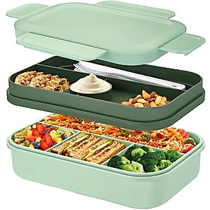 Bento Box Lunch Boxes,68oz Bento Lunch Box for Adults Kids,Stackable Japanese Lunchbox with 8 Compartments,Leak Proof Meal Prep Container Box with Cutlery Set,Microwave Dishwasher Safe (Green)