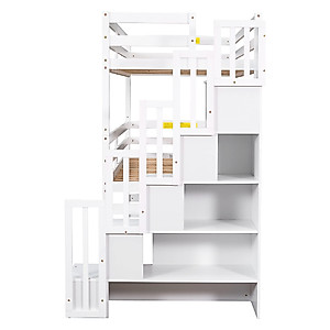 Harper & Bright Designs Wood Triple Bunk Bed with Storage Staircase, Wooden Floor Bunk Beds 3 Beds in 1 for Kids, Detachable Triple Bed Can Convertible into Twin Bunk Beds & Loft Bed, White