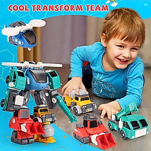 ThinkMax Transform Toys for 3 4 5 6 7 8 Year Old Boys, Robot Toys for Kids 3-5 5-7, 4 Magnetic Construction Trucks Vehicles w/Play Mat, Birthday Gift for Boy, 32 Pieces