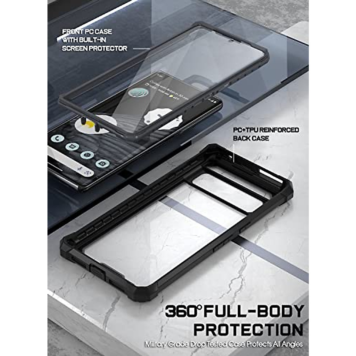 Poetic Guardian Series Case [20FT Mil-Grade Drop Tested] Designed for Google Pixel 7 Pro 5G, Built-in Screen Protector Work with Fingerprint ID, Full Body Hybrid Shockproof Rugged Case, Black/Clear
