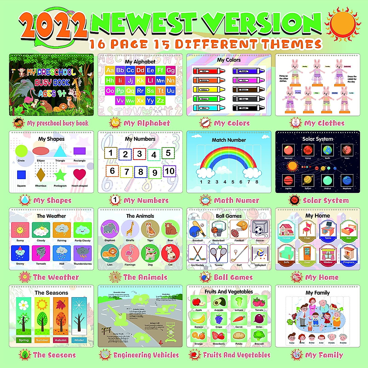 Riosin Busy Book for Preschool Toddlers,Quiet Book with 15 Themes for Ages 3+ Kids Activity Binder, Montessori Toys Autism and Early Sensory Educational Learning Activities Materials