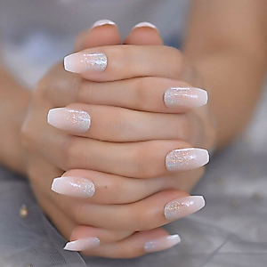 Coolnail Holo Glitter Pink Nude French Ballerina Coffin False Nails Gradient Natural Press on Fake Nails Tips Daily Office Finger Wear