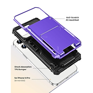 TITACUTE for iPhone 14 Pro Case 6.1 Wallet 5 Credit Card Holder ID Slot Flip Cover Design Back Pocket Scratch Resistant Hard Shell TPU Hybrid Protective Bumper Armor for iPhone 14 Pro Purple