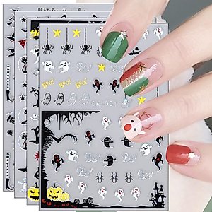 JMEOWIO 12 Sheets Halloween Nail Art Stickers Decals Self-Adhesive Pegatinas Uñas Skull Ghost Witchy Spider Web Bat Pumpkin Spook Nail Supplies Nail Art Design Decoration Accessories
