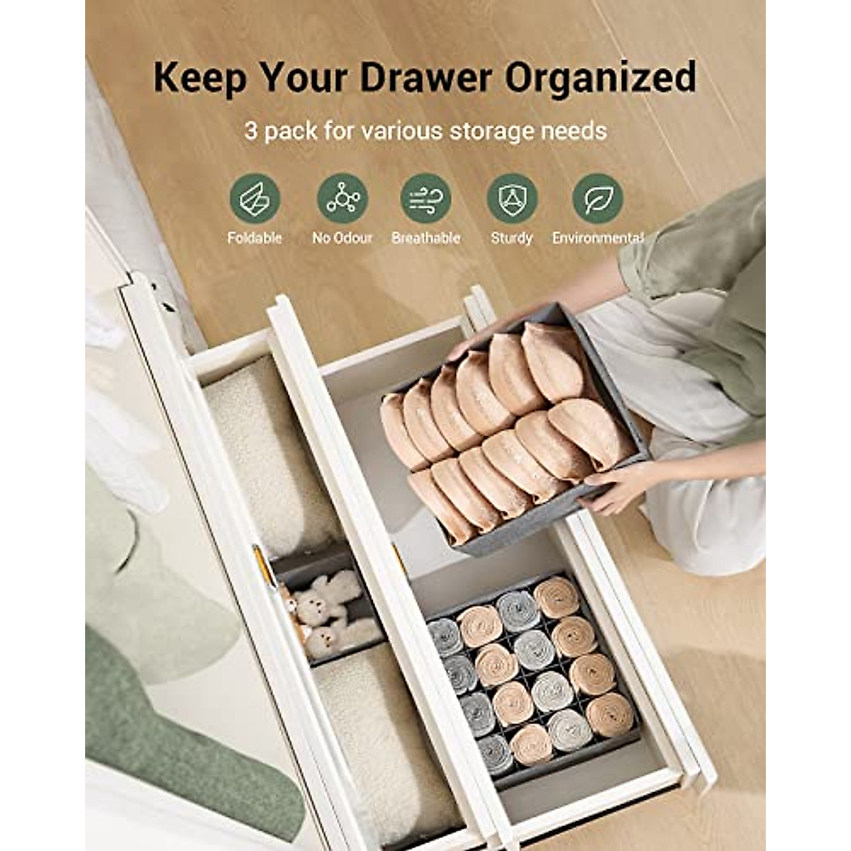 HogarTech Underwear Bra Orgainzer for Drawer, Sturdy Construction with Double Zippers, Durable Oxford Cloth, Removable Base Board Drawer Organizer for Sock, Clothing, Bra, 3 Pack, Grey