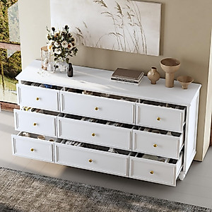 ROMSHINE White Bedroom Dresser with 9 Drawers, 63" Wide Dressers Chest of Drawers, Transitional Wood Dresser Long Drawer Organizer for Nursery Bedroom Living Room