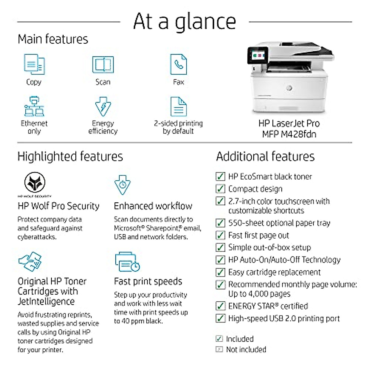 HP Laserjet Pro MFP M428fdn Monochrome Laser All-in-One Printer, Print Scan Copy Fax, Automatic 2-Sided Printing, 40 ppm, 250-sheet, 1200 x 1200 dpi, 512 MB, Bundle with JAWFOAL Printer Cable