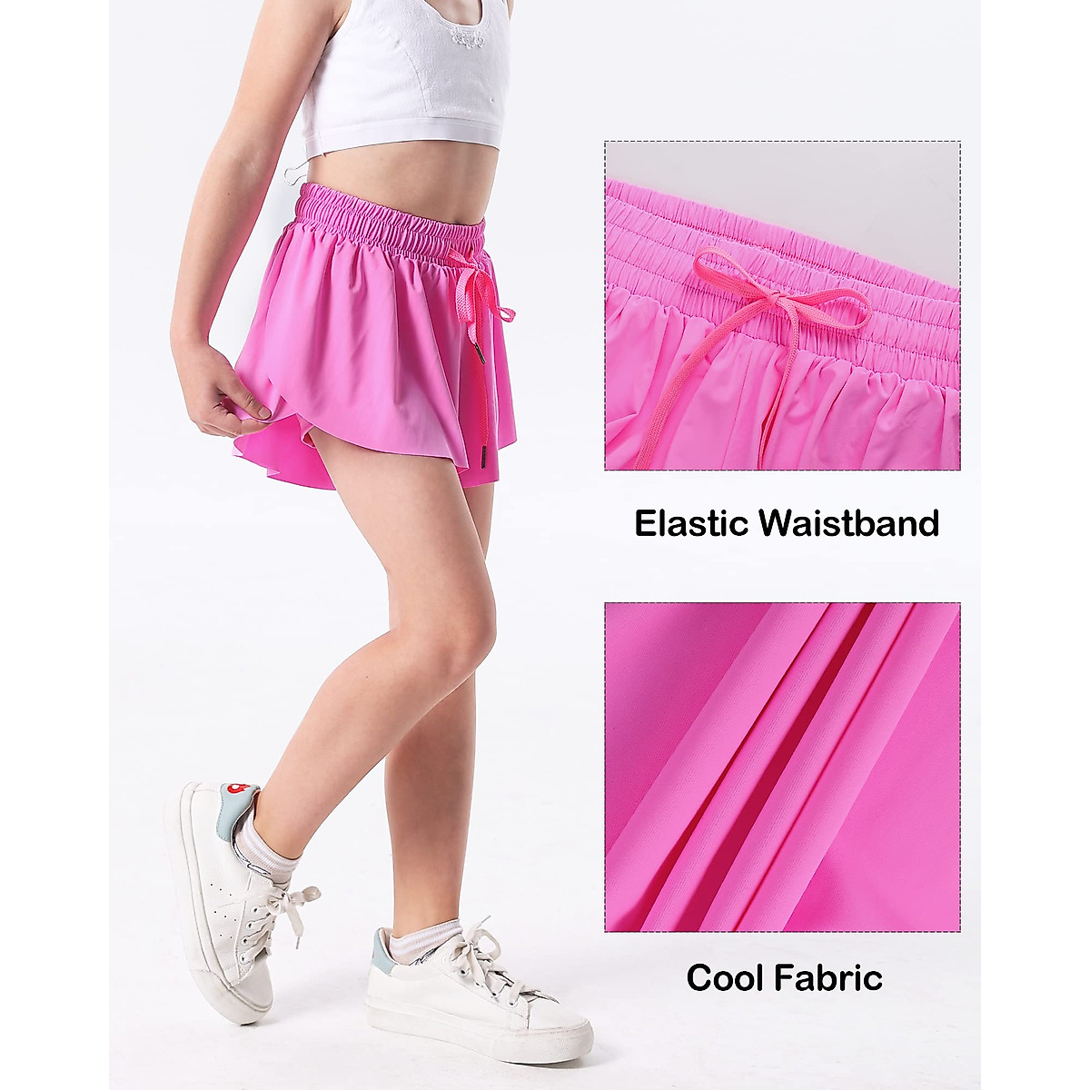 KEREDA Girls Flowy Shorts,Butterfly Shorts for Teen Girls with Spandex Liner 2-in-1 for Running,Gym,Athletic,Workout 1 Pack 9-10Y (Hot Pink)