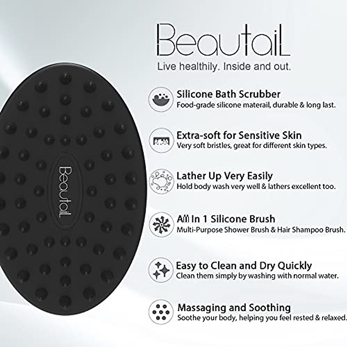 BEAUTAIL Silicone Body Scrubber, 2 in 1 Shower Bath Wash and Hair Shampoo Brush, Gentle Exfoliating Scrub Cleansing Loofah for Women Men Baby Sensitive Skin, Easy to Clean, Lather Nicely, 1 Pack Black