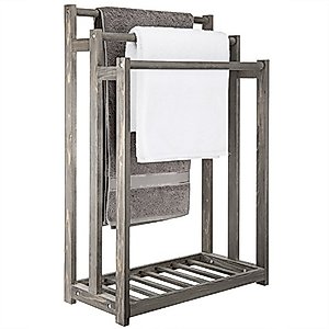 MyGift Freestanding Vintage Gray Wood Towel Rack Stand with 3 Tier Bath Towel Bar and Bottom Storage Shelf