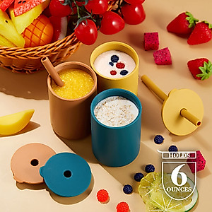 Geiserailie Mini Baby Silicone Cups with Straw Reliable Lid Sippy Cup Reliable 6 oz Unbreakable Training Cup for Toddler (Yellow, Blue, Brown,3 Pieces)