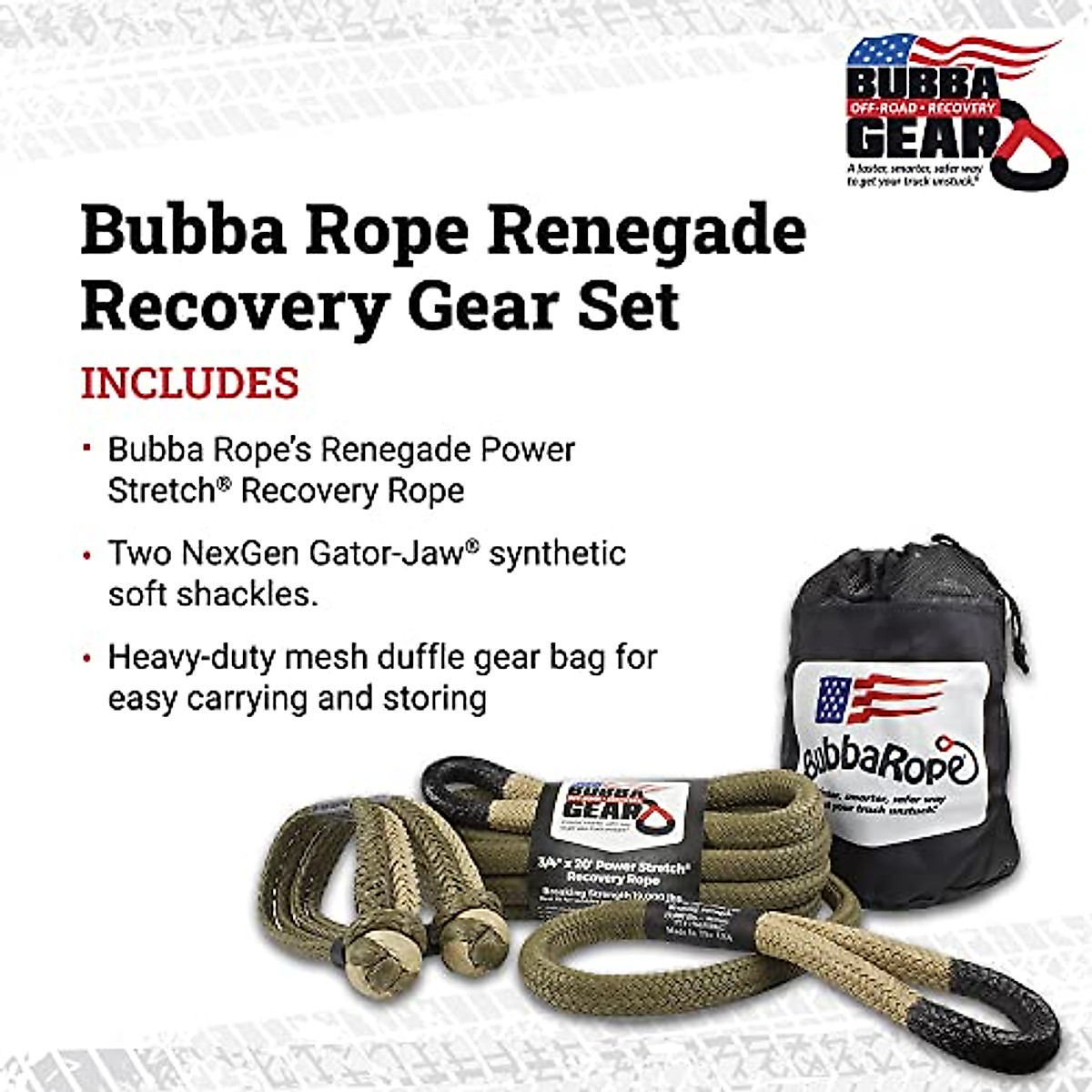 Bubba Rope Heavy-Duty Off-Road Vehicle Tow Recovery Gear Set Renegade Power Stretch Recovery Rope, 3/4” x 20’ & NexGen PRO Gator-Jaw Synthetic Shackles, 3/8” x 6.5” - Desert Tan