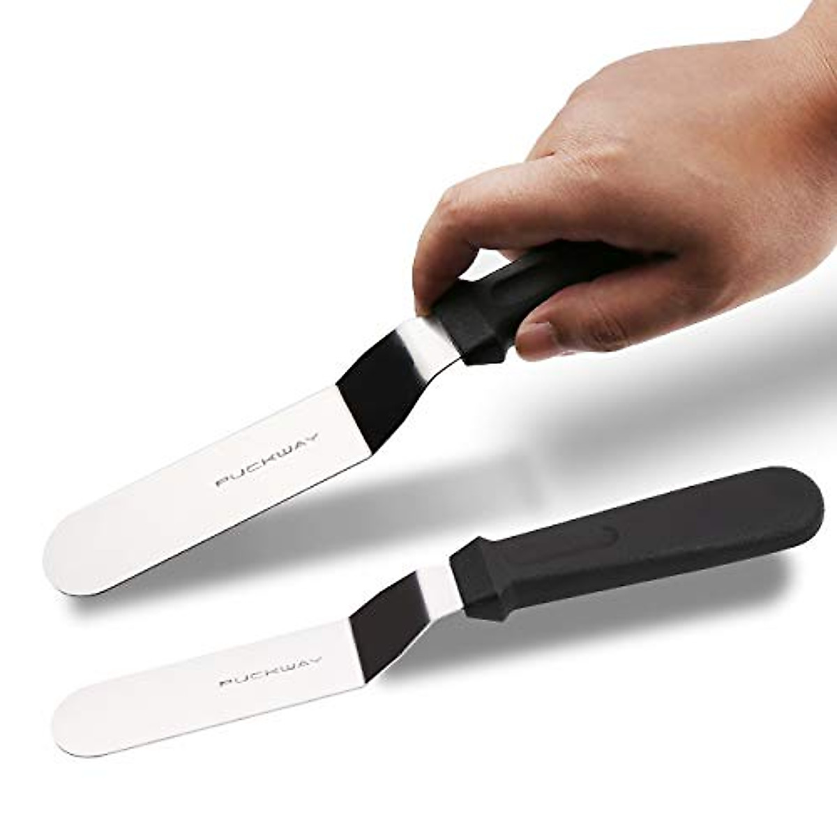 PUCKWAY Angled Icing Spatula, Stainless Steel Offset Spatula, Cake Spatula Set of 2 Black 6, 8 inch Blade