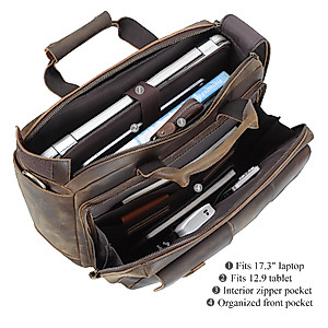 TIDING Full Grain Leather Briefcase For Men 17.3 Inch Laptop Case Multi Pockets Business Travel Messenger Bag