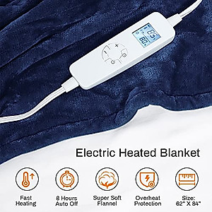 Electric Heated Throw Blanket Twin Size 62" x 84" | 6 Levels Fast Heating & Machine Washable | Full Body Warming Soft Flannel Bed Sofa Blankets with Auto-Off Overheating Protection 8H Timer | Blue