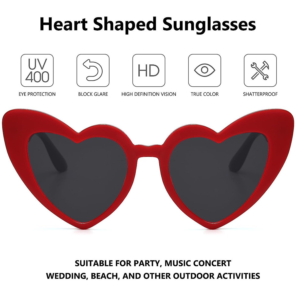 LIKSMU Heart Sunglasses for Women Trendy Cat Eye Love Shaped Sunglasses Vintage Lovely Shades Retro Cute Sun Glasses Party Favors Music Concert Red