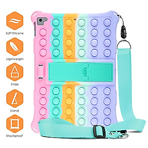 DETUOSI Silicone Case Compatible with ipad 9th Generation 2021/ 8th Generation 2020/ 7th Generation 2019, with Shoulder Strap & Stylus Pen, Soft Lightweight Multi-Angle Stand Cover, Dazzling Pink