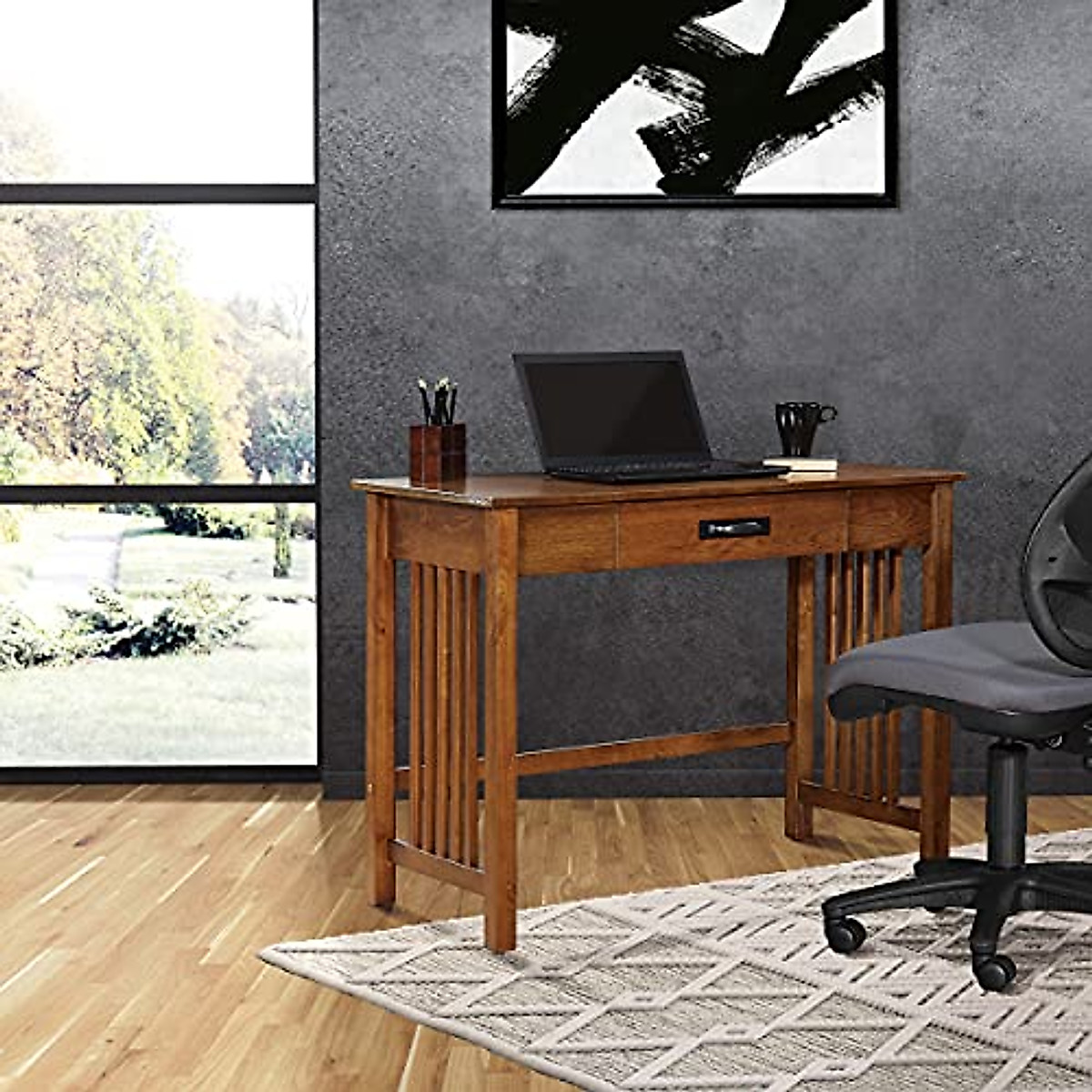 OSP Home Furnishings Sierra Writing Desk with Pull-Out Drawer and Mission Style Side Panels, Ash Brown