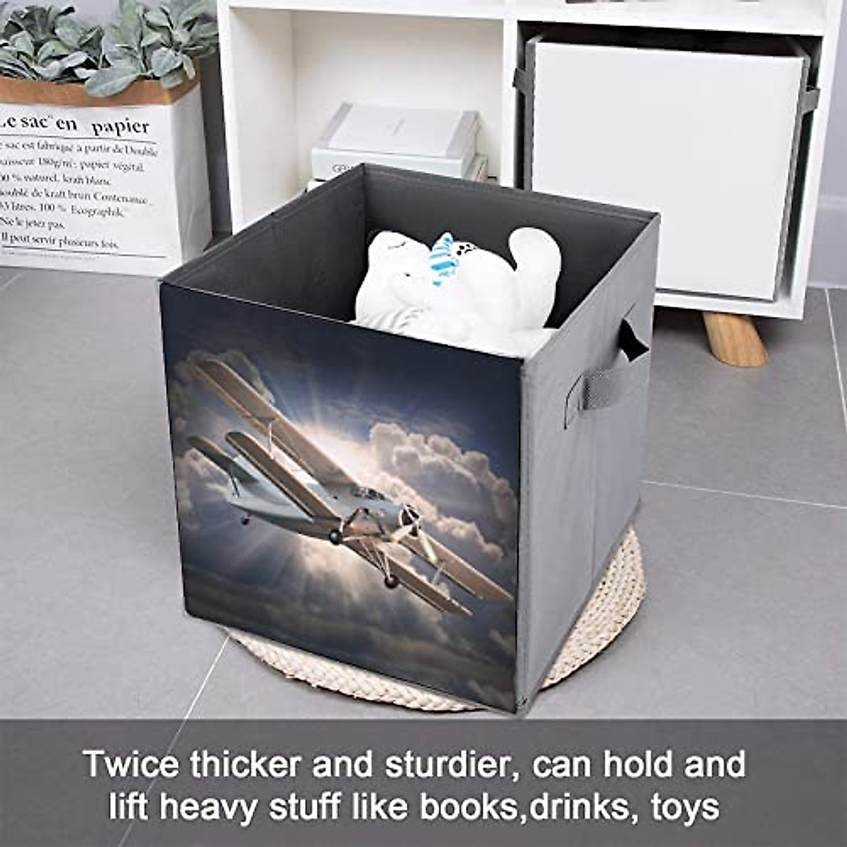 Retro Style Biplane PU Leather Collapsible Storage Bins Canvas Cube Organizer Basket with Handles