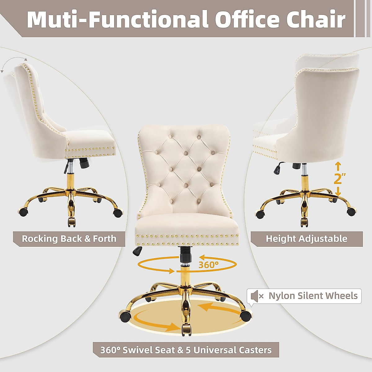 GOOLON Velvet Home Office Desk Chair, Height Adjustable Vanity Chair withTufted Back, Swivel Comfy Seat, Luxury Rivet Trim, Golden Base for Bedroom Living Room, Beige