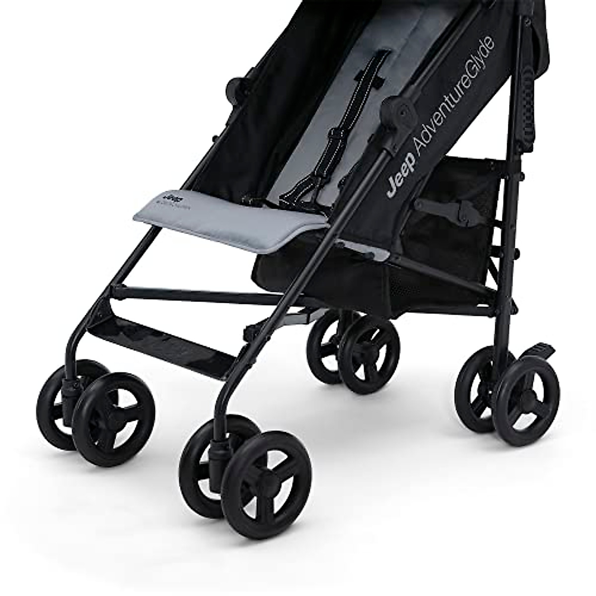 Jeep AdventureGlyde Stroller by Delta Children - Lightweight Travel Stroller with Smoothest Ride & Compact Fold, 3-Position Recline, Extra Large Storage Basket, Black/Grey