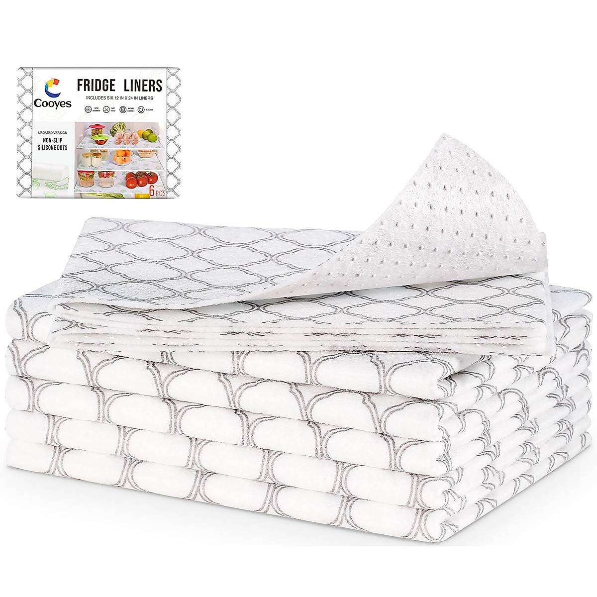 Cooyes Non Slip Refrigerator Liners, 2 in 1 Absorbent Fridge Liners and Fresh Mats Machine Washable, Refrigerator Shelf Liner for Glass Shelves Kitchen Cabinet Drawer Liners, 6 Pack, 12" × 24 "