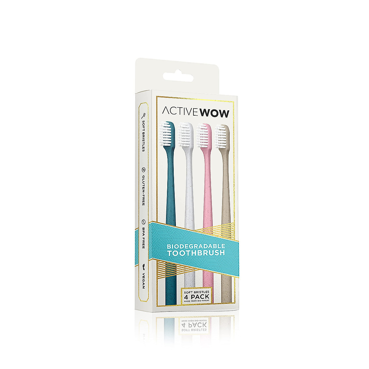 Active Wow Biodegradable Toothbrushes - Eco Friendly Toothbrushes, Bio-Wheat Manual Eco Toothbrush, Soft Deep Clean Bristles, Sustainable Toothbrush, BPA Free, Vegan - 4 Pack