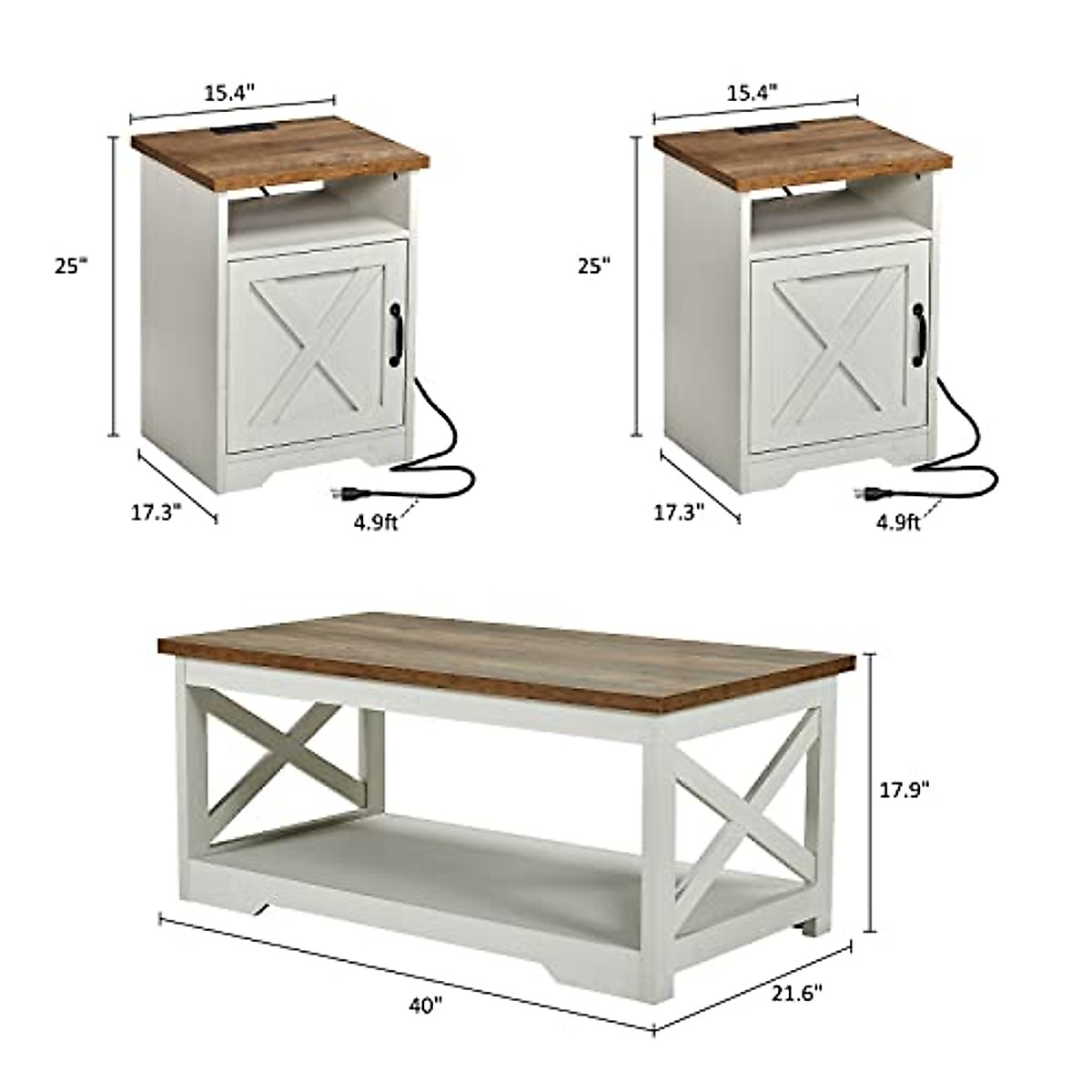 AMERLIFE 3-Piece Farmhouse Table Set Includes Coffee Table& Two End Tables, Side Table with Charging Station and USB Ports, for Living Room, Bedroom, Distressed White