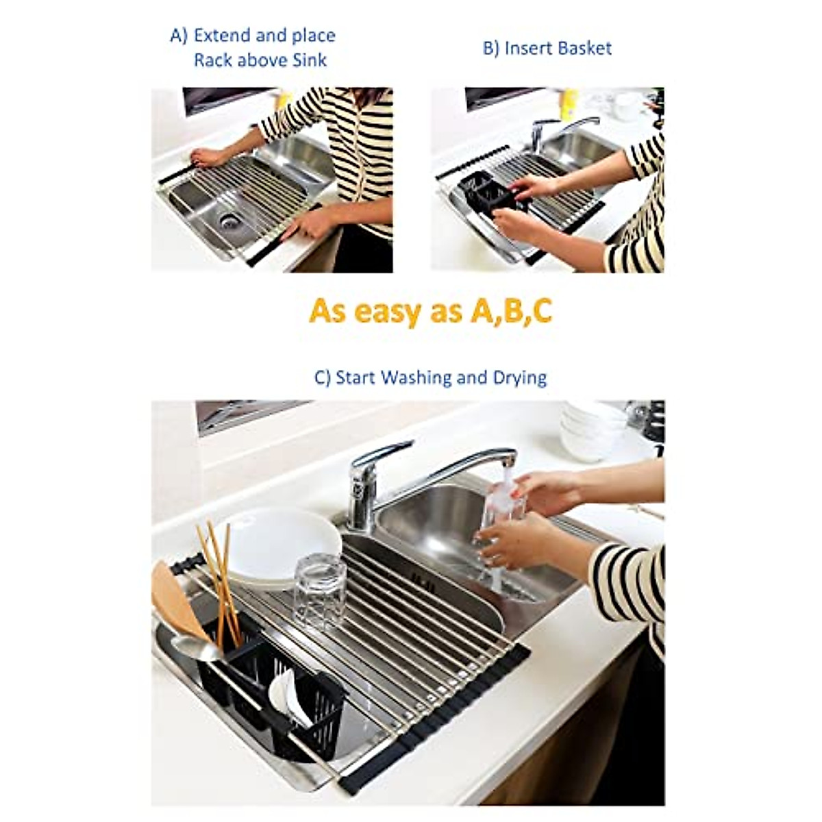 Cooktensil Roll Up Dish Drying Rack Stainless Steel Telescopic Over The Sink Drainer Extendable up to 22.8 inches (with Rectangle Basket)