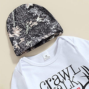 Newborn Baby Boys Hunting Clothes Set Long Sleeve Letters Deer Romper Bodysuit Pants Hat Outfit (70(0-6M), White)