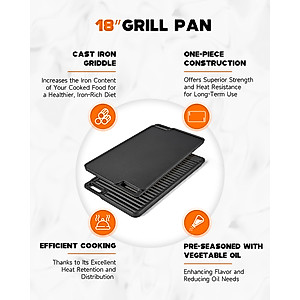 DARTMOOR 2-in-1 Reversible Cast Iron Griddle, 18 in Pre-Seasoned Cast Iron Grill Pan with Pan Scrapers, Double Side Rectangular Frying Pan with Non-Stick Surface, Indoor & Outdoor Use