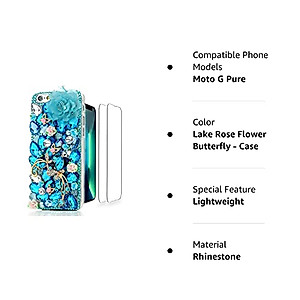 LUZiUN Glitter Design Phone Case Compatible with Moto G Pure - 3D Luxury Girls Women Shiny Bling Handcrafted Protective Cover with Screen Protector (2 Pack) - Lake Rose Flower Butterfly