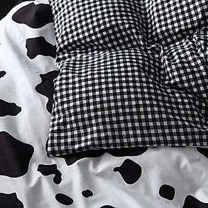 Erosebridal Kid Cartoon Bedding Set Cow Print Duvet Cover Black White Comforter Cover Milk Cow Animal Bedspreads Cover 2 Pcs Twin Size, Reversible Plaid Grid Toddler Teen Boys Girls Room Decor,