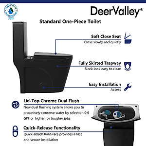 DeerValley Elongated One Piece Toilet, 17.32'' Comfortable Seat Height ADA Toilet with Soft Close Seat, Dual Flush Toilet with High Efficiency 1.1/1.6 GPF, Matte Black Skirted Toilet 12'' Rough-In