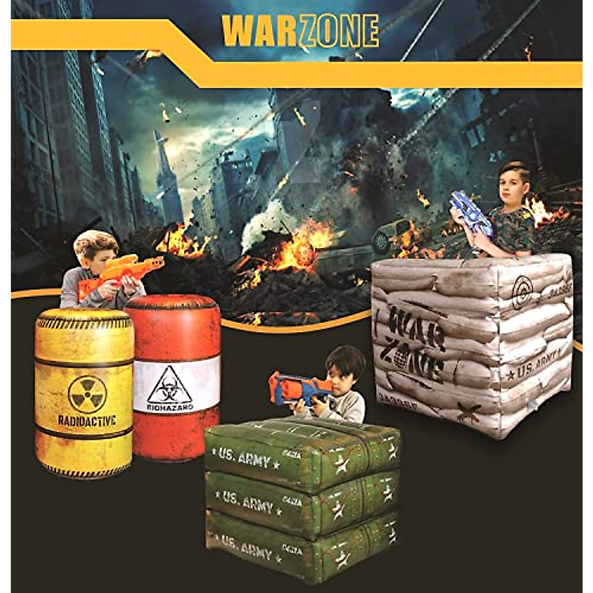 Pack of 4 Combat Battlefield Inflatables + Pack of 2 Barrels Inflatable Compatible with Nerf. Laser Tag Warzone