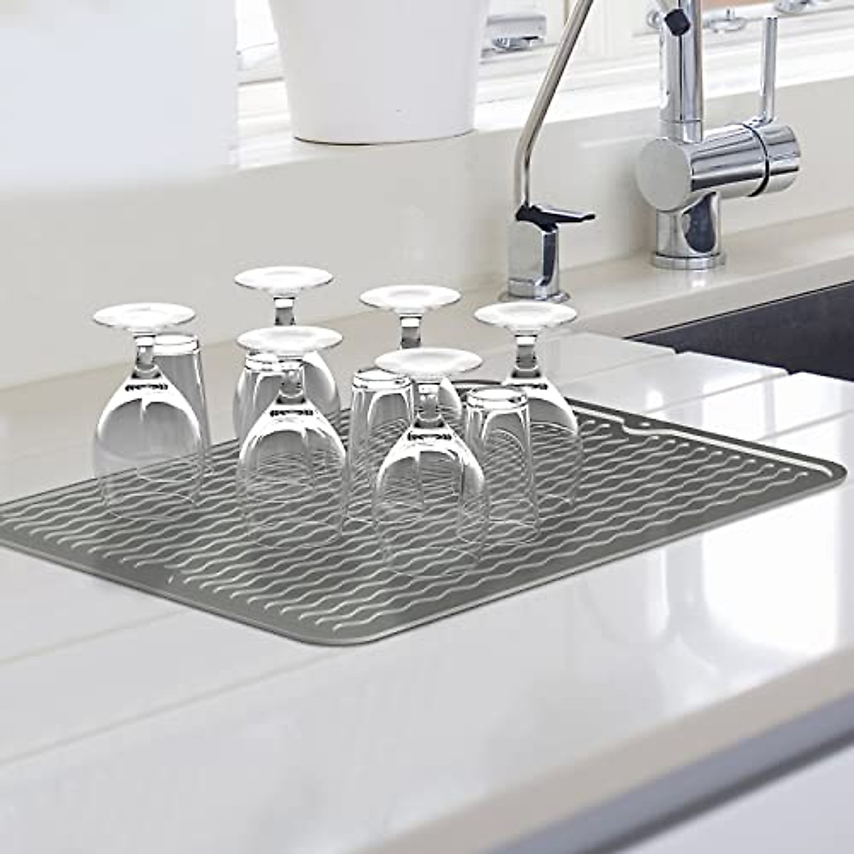 3 in 1, KooMall Dish Drying Mat & Multi-Purpose Microwave Mat, Quick Drying Silicone Mat for Kitchen Counter Sink Refrigerator, Large Rubber Bottle Drain Board Rack Pad, Heat Resistant, 16x12'' Gray