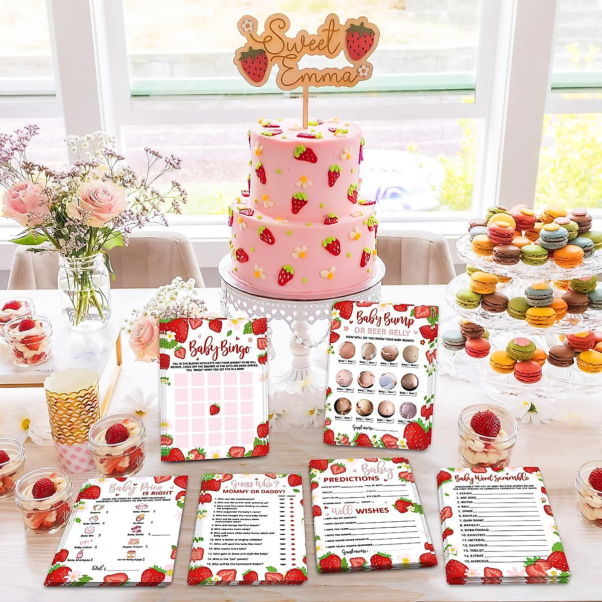 Sinasasspel 302pcs Strawberry Baby Shower Game Set Pack of 6 Activities for 50 Guests Includes Baby Shower Bingo, Baby Bump Or Beer Belly, Baby Word Scramble and More, Each 5x7 Inches
