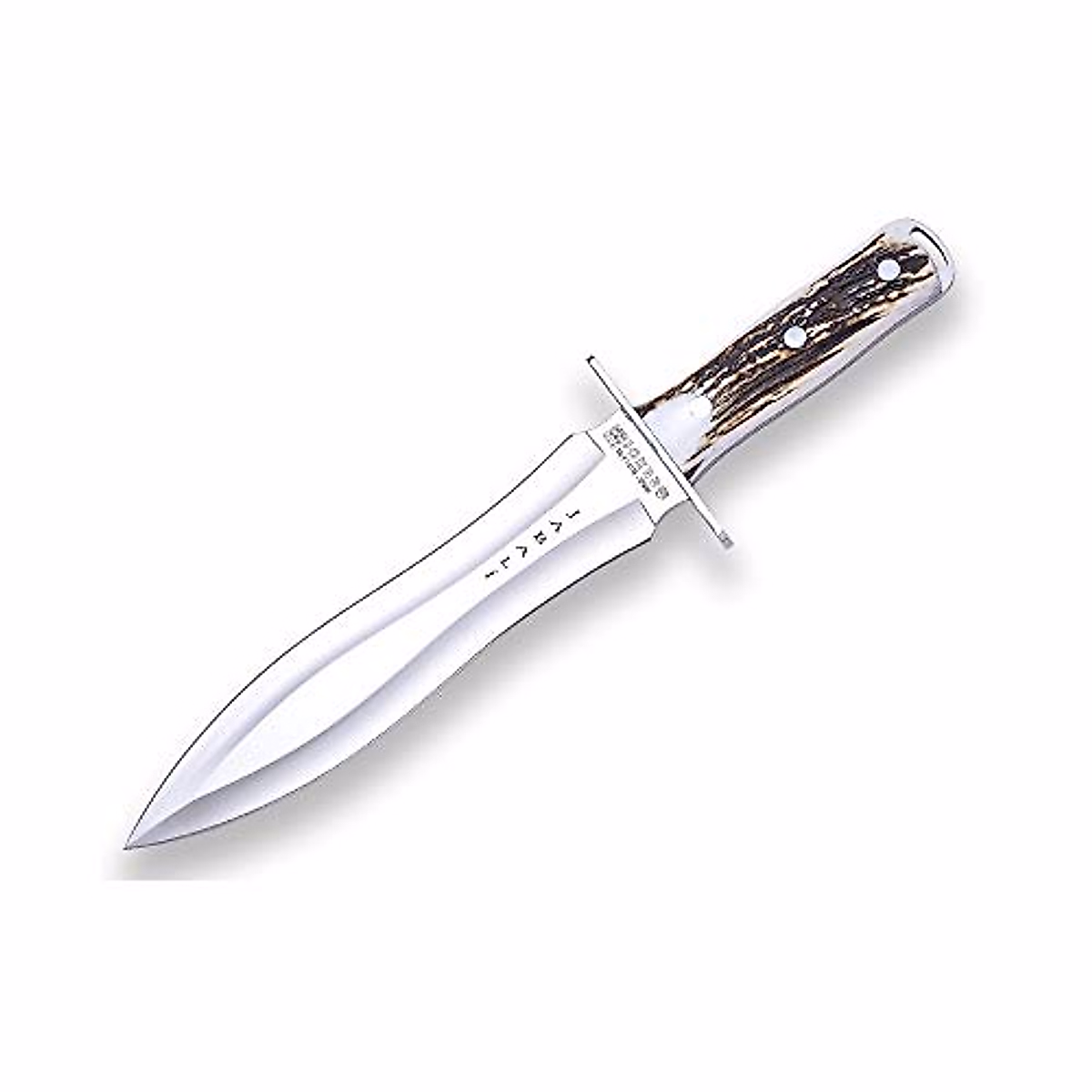 Joker Hunting Knife Wild Boar CC110, Hiking Knife with Deer Horn Handle, 9.84 inches Blade, Includes Brown Leather Sheath, Tool for Fishing, Hunting, Camping and Hiking