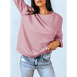 Dokotoo Women's Ladies Casual Long Sleeve Crewneck Sweatshirt Side Split Loose Fit Solid Basic Pullover Tunic Shirts Tops Sweatshirts for Teen Girls 2024 Fashion Fall Pink Medium