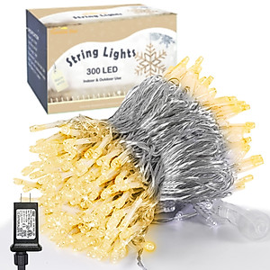 LJLNION 300 LED String Lights Outdoor Indoor, Extra Long 98.5FT Christmas Lights, 8 Lighting Modes, Plug in Waterproof Fairy Lights for Wedding Party Bedroom Decorations (Warm White)