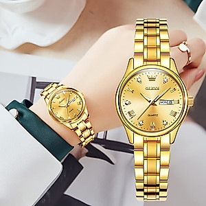 OLEVS Watches for Women 14k Gold Tone Ladies Watches Waterproof with Day and Date Stainless Steel Woman Wrist Watches,Simple Dress Small Face Lady Watch Fashion Elegant Classic Female Watches