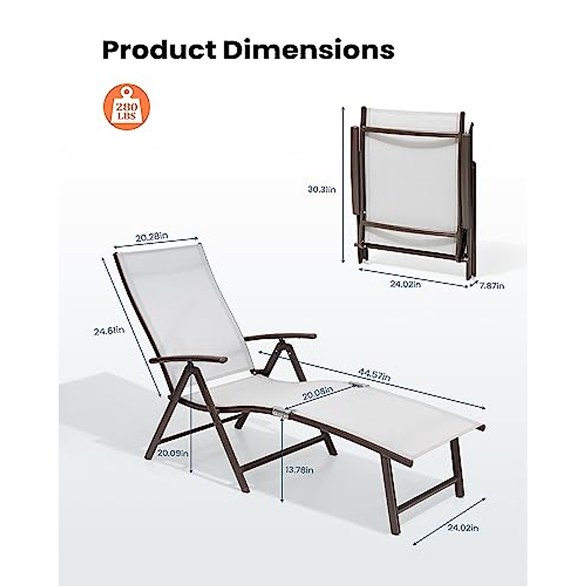 Pellebant Aluminum Patio Chaise Lounge Chair, Adjustable Chair for Outside with 8 Backrest Positions, Brown Frame, Folding Outdoor Recliners All Weather for Beach, Pool and Yard, Light Grey